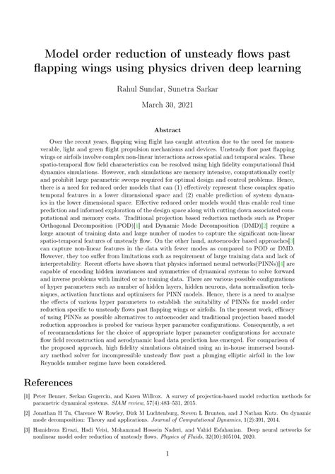 Pdf Model Order Reduction Of Unsteady Flows Past Flapping Wings Using Physics Driven Deep Learning