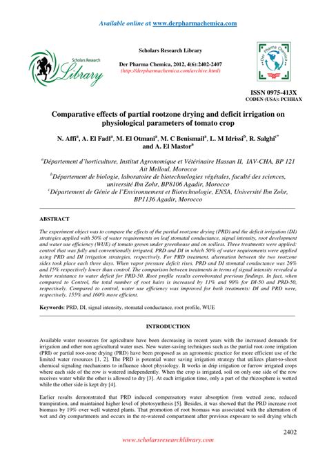 Pdf Comparative Effects Of Partial Rootzone Drying And Deficit Irrigation On Physiological