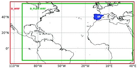 Domains Used For Wrf Arw Red And Flexpart Wrf Green In The Download Scientific Diagram