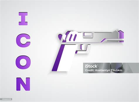 종이 는 회색 배경에 격리 권총 이나 총 아이콘을 잘라 경찰 또는 군용 권총 작은 총기 종이 아트 스타일 벡터 일러스트레이션 3차원 형태에 대한 스톡 벡터 아트 및 기타