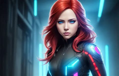 Скачать обои Future Girl Fantasy Armor Red Hair Art Blue Eyes