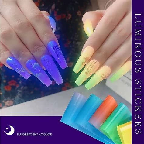 1box10pcs 형광 네일 아트 호 일 전송 스티커 세트 반짝이 다채로운 네일 아트 데칼 Diy 장식 매니큐어 도구 Aliexpress