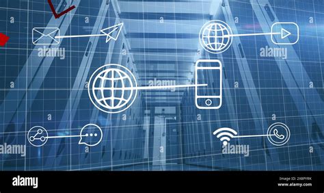 Image Of Statistical Data Processing And Multiple Digital Icons Against Computer Server Room