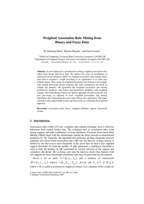 Pdf Weighted Association Rule Mining From Binary And Fuzzy Data