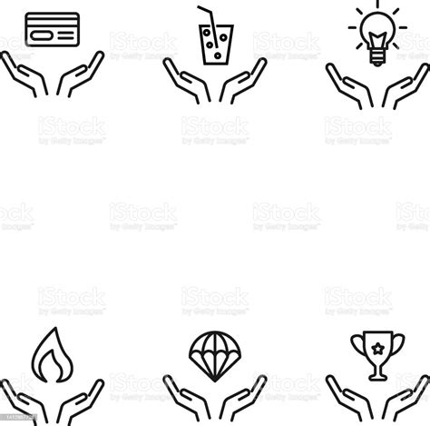 자선 및 자선 개념 얇은 선으로 그려진 현대 벡터 윤곽선 기호 선 아이콘 컬렉션 신용 카드 소다 전구 불꽃 낙하산 열린 손에 잔의 아이콘 개념에 대한 스톡 벡터 아트 및