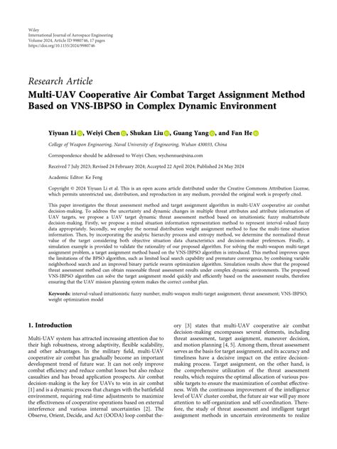 Pdf Multi Uav Cooperative Air Combat Target Assignment Method Based On Vns Ibpso In Complex