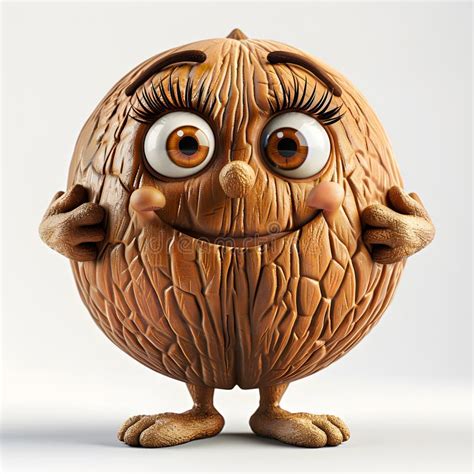 Funny Cute Walnut Nut With Hands And Eyes 3d Illustration On A White