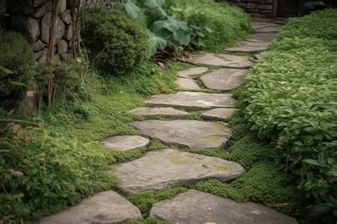 Premium Photo Garden Stone Path With Grass Growing Up Between The Stonesdetail Of A Botanical