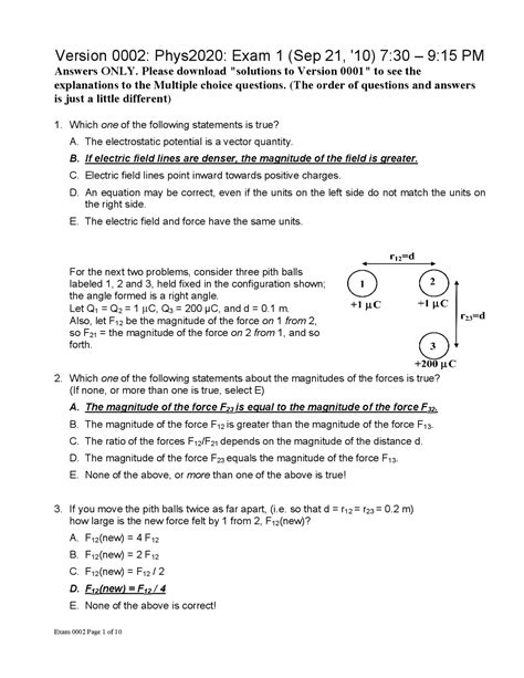 Exam 1 Questions With Answer General Physics Ii Phys 2020 Docsity
