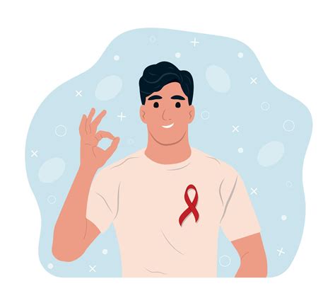 World Aids Day Young Smiling Man With Red Ribbon Vector Illustration