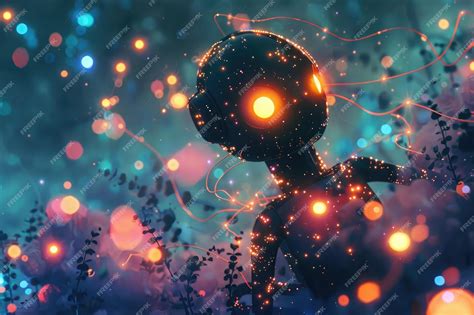Premium Photo A Glowing Robot Surrounded By A Field Of Floating Luminous Particles Ai Generated