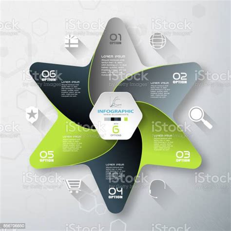 육각 형태의 Infographic 벡터 및 6 육각 패턴 그라데이션 회색 배경에 그림자와 종이 긴 그림자와 텍스트 아이콘에서 잘라와 스타를 색상 광고에 대한 스톡 벡터 아트