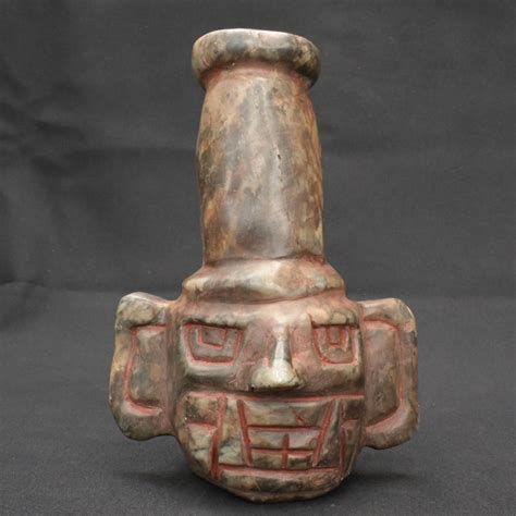Chavín Stone Bottle With Two Faced Feline Human Ritual Head Design