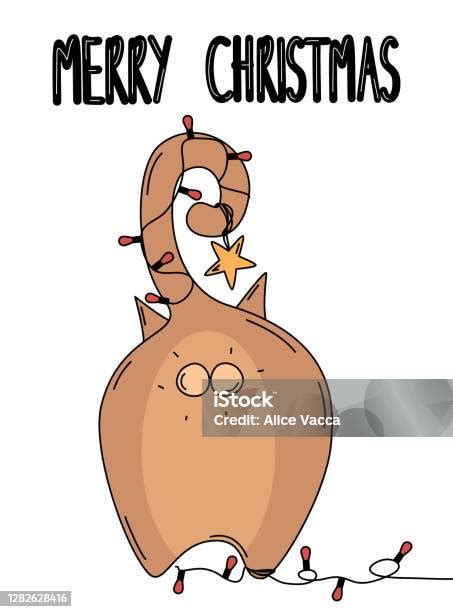 고양이와 크리스마스 트리 조명과 손으로 그린 편지 메리 크리스마스 텍스트와 귀여운 만화 만화 벡터 카드 일러스트 12월에 대한 스톡 벡터 아트 및 기타 이미지 Istock