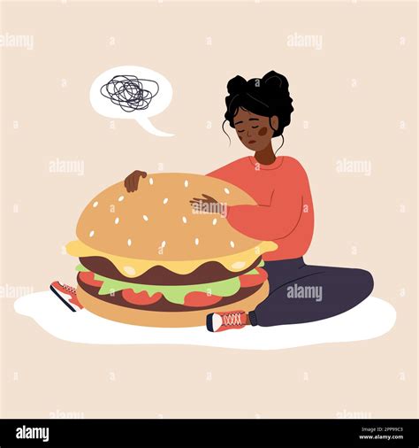 Eating Disorder Sad African Woman Hugging Huge Hamburger And Worries