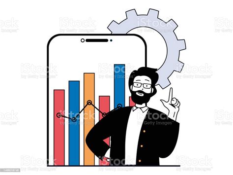 캐릭터 상황이 있는 디지털 비즈니스 개념 사업가는 아이디어를 생성하고 회사를 개발 및 개선하고 데이터를 최적화 및 분석합니다 웹용 평면 디자인의 사람 장면이 있는 벡터 삽화