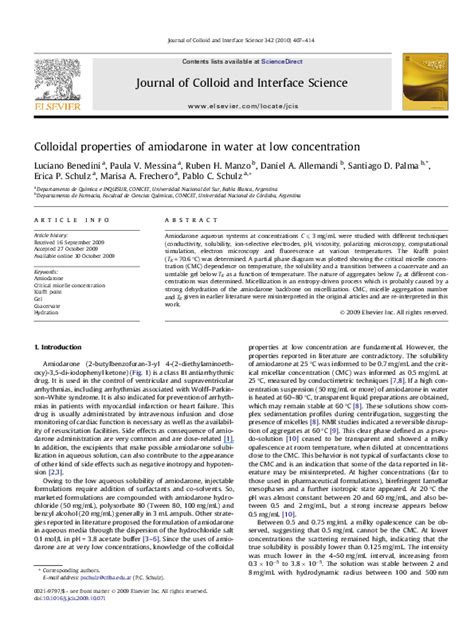Pdf Colloidal Properties Of Amiodarone In Water At Low Concentration