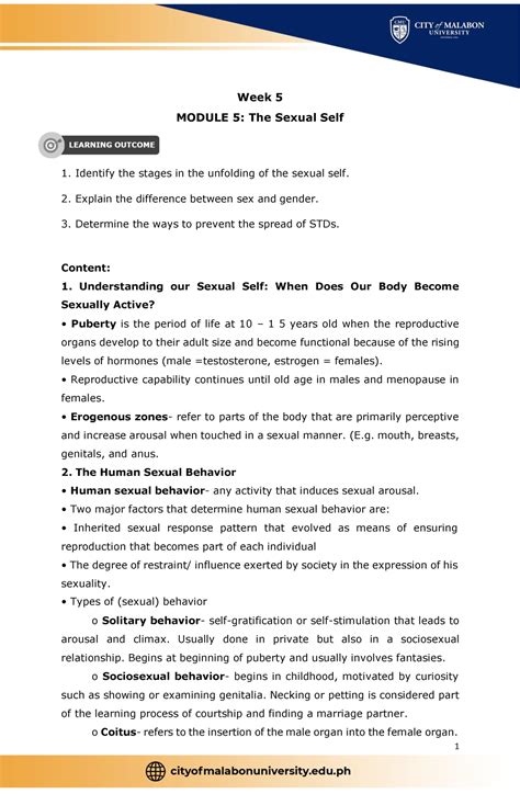Module UNDERSTANDING THE SELF Week MODULE The Sexual Self Identify The Stages In