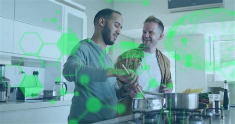 Cooking Together In Kitchen Green Data Processing Image Over Couple