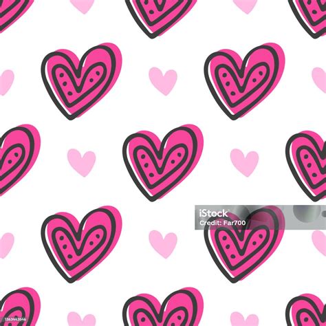 흰색 배경에 고립 된 검은 윤곽이있는 아름다운 특이한 분홍색 하트 유치 한 귀여운 매끄러운 패턴 손으로 그린 벡터 그래픽 그림 텍스처 검은색에 대한 스톡 벡터 아트 및 기타
