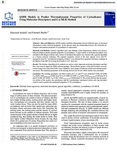 Pdf Qspr Models To Predict Thermodynamic Properties Of Cycloalkanes Using Molecular