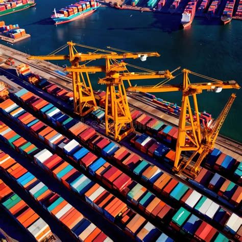 Aerial View Of Seaport Cargo Loading Area With Cargo Ships And
