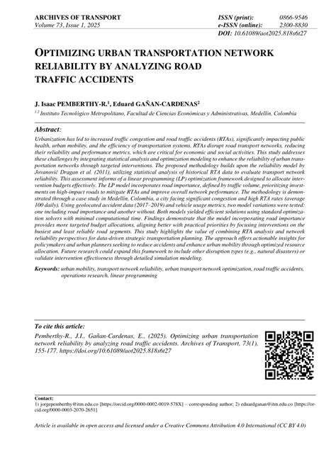 Pdf Optimizing Urban Transportation Network Reliability By Analyzing