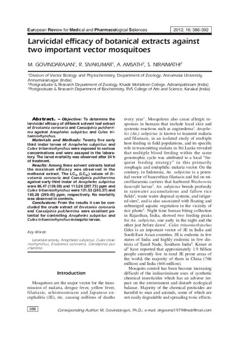 Pdf Larvicidal Efficacy Of Botanical Extracts Against Two Important