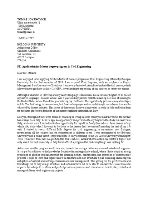 Sample Motivation Letter For Masters Degree Civil Engineering Pdf Academic Degree Master
