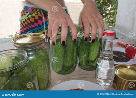 People Are Preparing In The Kitchen Pickling Cucumbers Preparation For Winter Salting Stock