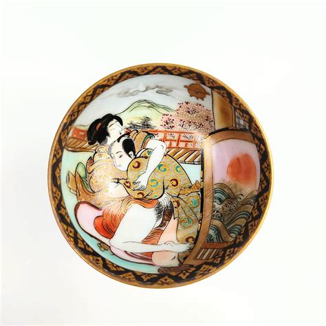 Japanese Antique Kutani Ware Shunga Sexy Sake Cup With Stand Antique Nishikawa
