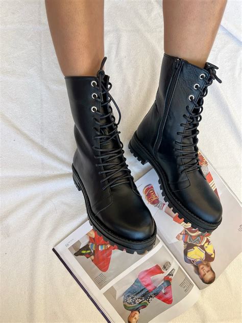 Black Leather Combat Boots Women Winter Boots Handmade Shoes Etsy