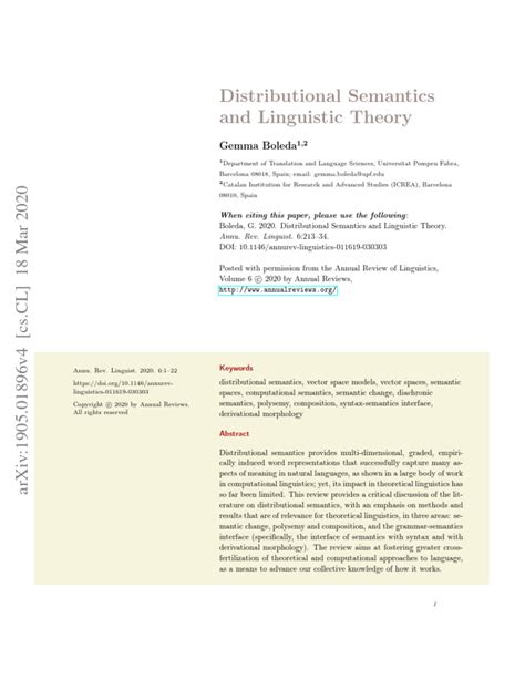 Distributional Semantics And Linguistic Theory Pdf Semantics Linguistics