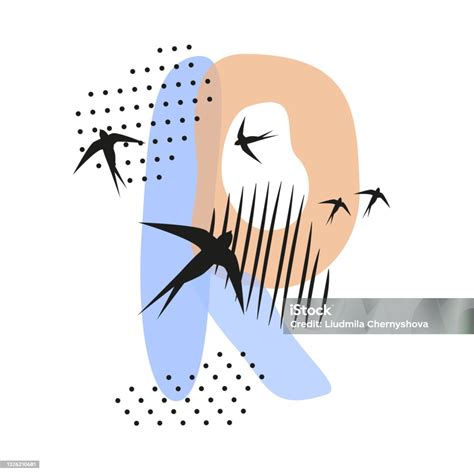 미니멀한 패턴은 제비의 R 무리의 형태로 동양 스타일이 날아간다 추상적인 오브젝트 반점 점 검은 잉크와 깃털의 그림자 벡터 일러스트레이션 상형 문자의 형태로 조류 가리기에