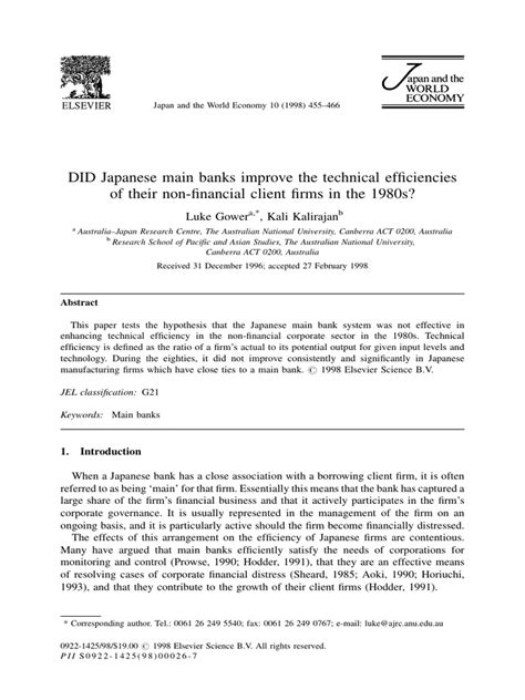 1998 Jwe Gower Did Japanese Main Banks Improve The Technical Efficiencies Pdf Estimator