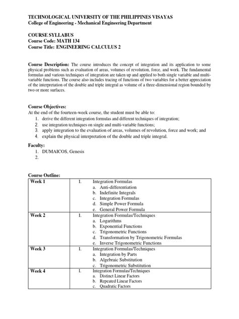 Manual Engineering Calculus 2 Course Syllabus Pdf Integral Function Mathematics