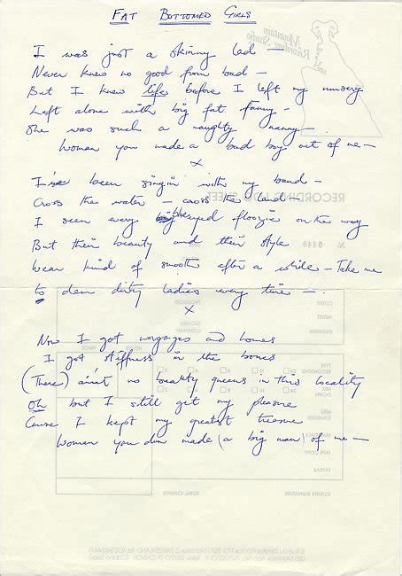 Fat Bottomed Girls Freddie Mercury Hand Written Lyrics Queen Photo