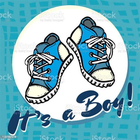 아기 소년 샤워 축 하 벡터 엽서 파란색으로 아기 발표 그것은 서클에서 아이 들 신발을 가진 소년입니다 텍스처 카드 포스터 생일 파티 초대 템플릿 아기 소년 도착 0명에