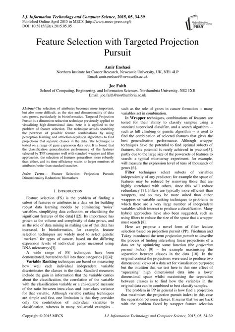 Pdf Feature Selection With Targeted Projection Pursuit