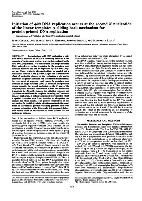 Pdf Initiation Of φ29 Dna Replication Occurs At The Second 3′ Nucleotide Of The Linear