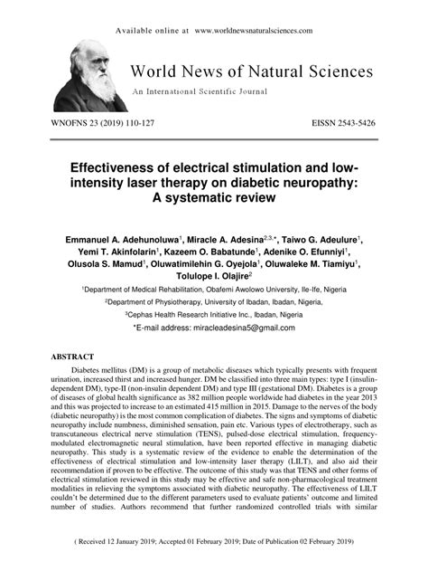 Pdf Effectiveness Of Electrical Stimulation And Low Intensity Laser Therapy On Diabetic