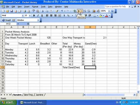 Microsoft Excel 2003 4 2 Penambahan Automatik Auto Sum Youtube