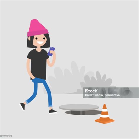 스마트폰 중독 천년 여성 캐릭터입니다 Nomophobia입니다 오픈 수로 화 해치입니다 평면 편집 가능한 벡터 일러스트 레이 션 클립 아트 Z세대에 대한 스톡 벡터 아트 및