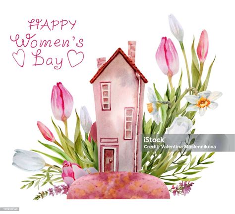 흰색과 분홍색 튤립 수선화 라벤더 유칼립투스 잎의 꽃이 있는 수채화 핑크 동화 귀여운 집 수동 비문 행복 여성의 날 추가 0명에