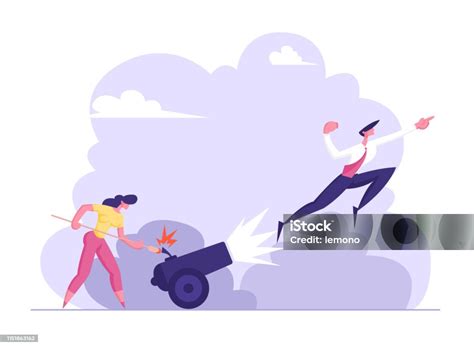 비즈니스 우먼 화재에 설정 하는 사업가 비행 하는 대포 경력 성장 목표 달성 리더십 비즈니스 솔루션 개념 벡터 평면 그림 개념에 대한 스톡 벡터 아트 및 기타 이미지