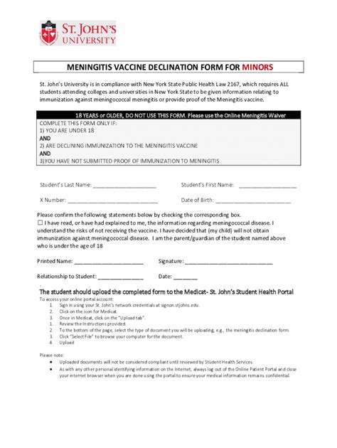 Fillable Online Meningitis Vaccine Declination Form For Minors St Fax Email Print Pdffiller