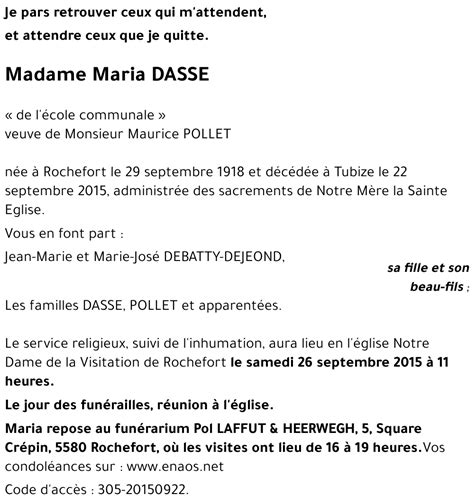 Avis De Décès De Maria Dasse Décédé Le 22092015 à Tubize Annonce