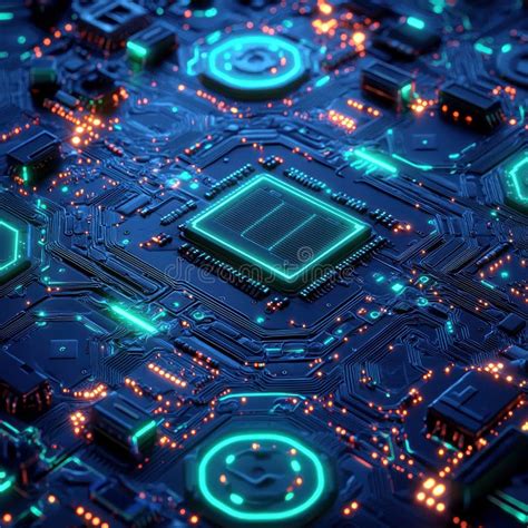 Microscopic Image Of A Computer Processor Chip With Blue Green Transistors And Orange Wires