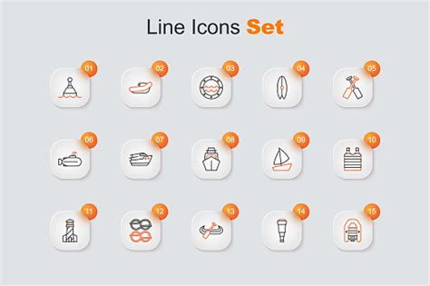 모터 망원경 망원경 렌즈 카약 및 패들 해상 로프 매듭 등대 줄무늬 선원 티셔츠 요트 범선 및 아이콘이 있는 풍선 보트를 설정합니다 벡터 광학 기기에 대한 스톡 벡터 아트