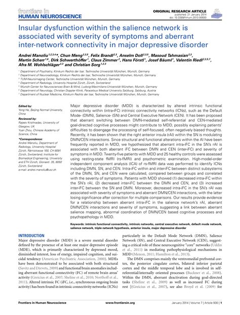 Pdf Insular Dysfunction Within The Salience Network Is Associated